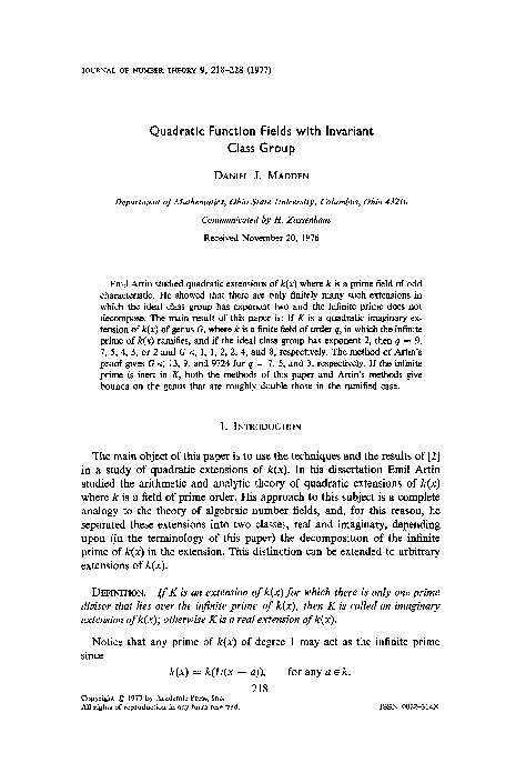 Quadratic Function Fields With Invariant Class Group