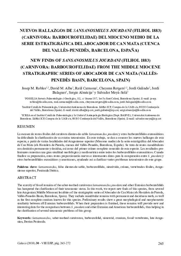 (PDF) Nuevos hallazgos de Sansanosmilus jourdani (Filhol 1883 ...