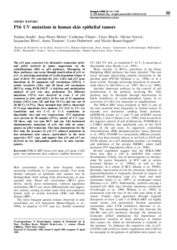 (PDF) P16 UV mutations in human skin epithelial tumors