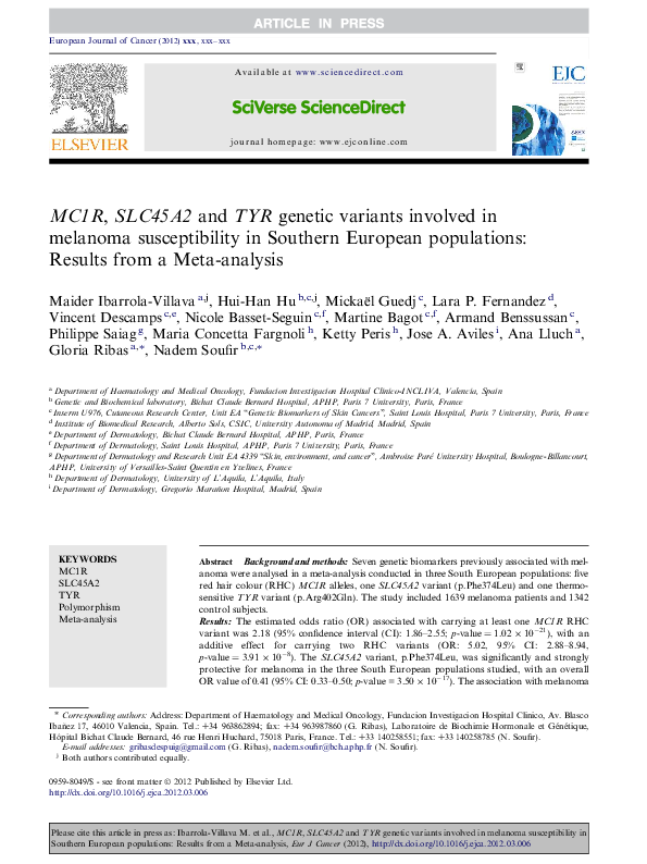 (PDF) MC1R, SLC45A2 and TYR genetic variants involved in melanoma ...