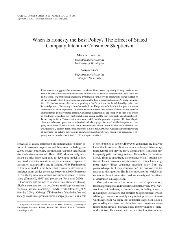 (PDF) When Is Honesty the Best Policy? The Effect of Stated Company ...