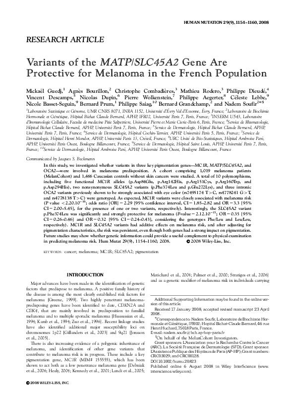 (PDF) Variants of the MATP / SLC45A2 gene are protective for melanoma ...