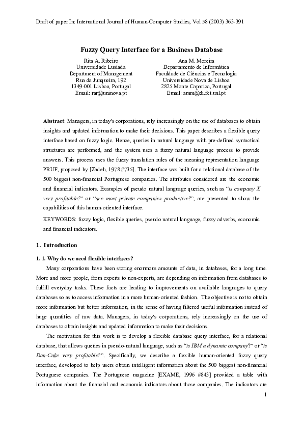 (PDF) Fuzzy query interface for a business database