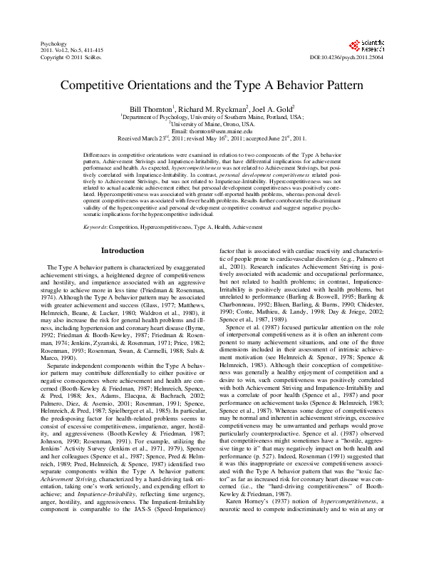 (PDF) Competitive Orientations and the Type A Behavior Pattern