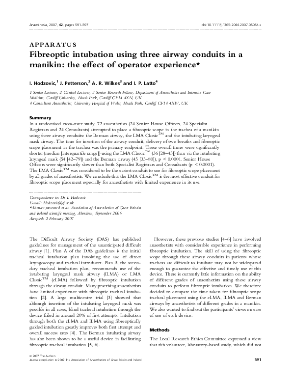 (PDF) Fibreoptic intubation using three airway conduits in a manikin ...