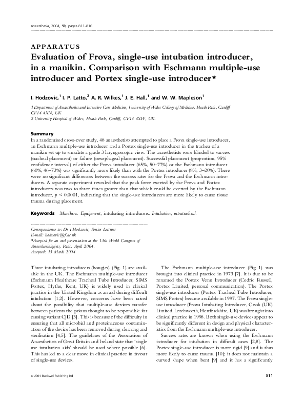 (PDF) Evaluation of Frova, single-use intubation introducer, in a ...