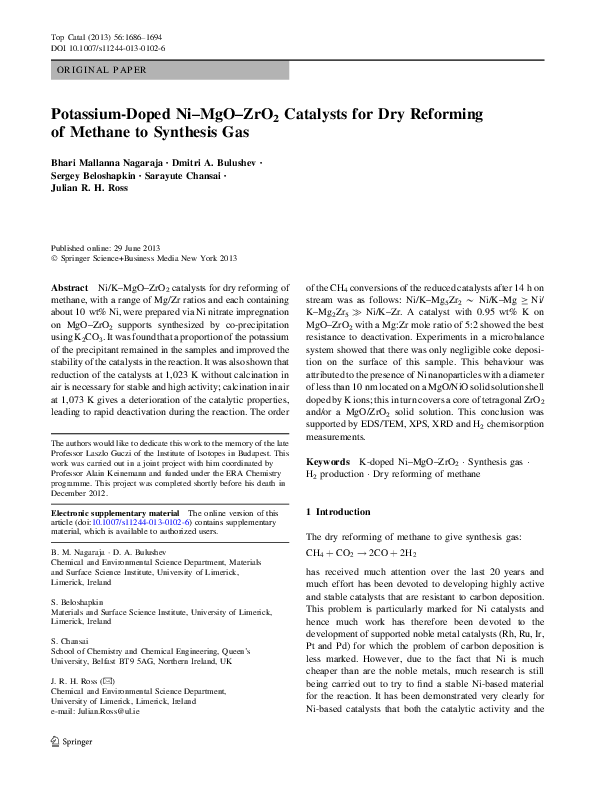 (PDF) Potassium-Doped Ni–MgO–ZrO2 Catalysts for Dry Reforming of Methane to Synthesis Gas