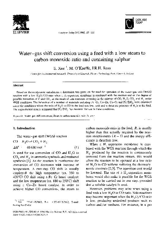 (PDF) “Water - Gas Shift Conversion Using a Feed with a Low Steam to ...