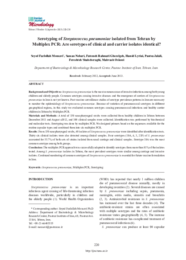 Serotyping of Streptococcus pneumoniae isolated from Tehran by ...