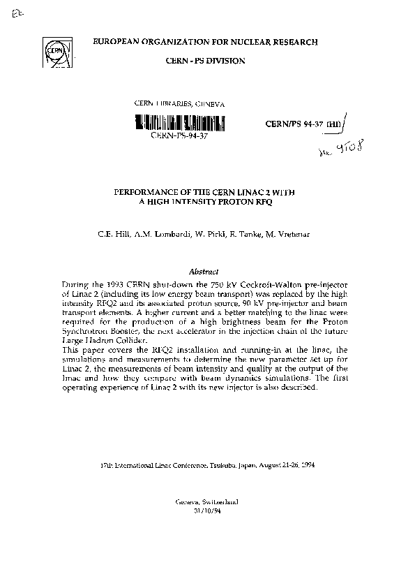 (PDF) Performance of the CERN Linac 2 with a high intensity proton RFQ