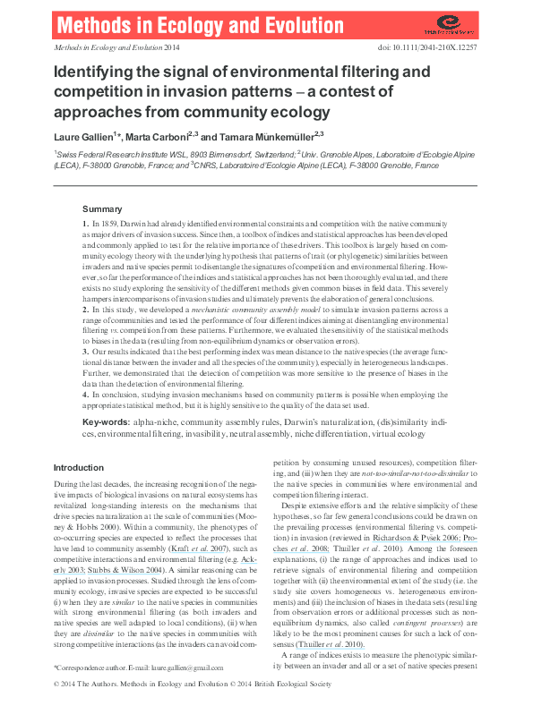 (PDF) Identifying the signal of environmental filtering and competition ...