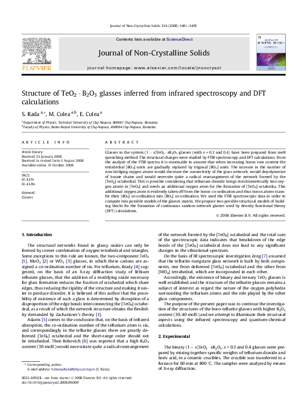 (PDF) Structure of TeO2·B2O3 glasses inferred from infrared spectroscopy and DFT calculations