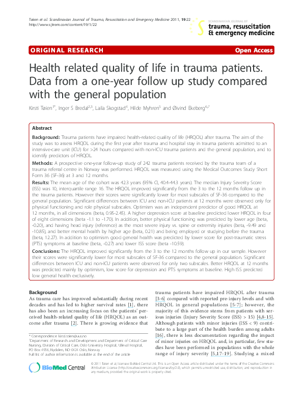 (PDF) Health related quality of life in trauma patients. Data from a ...