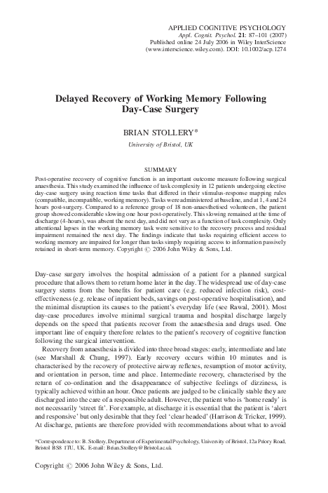 (PDF) Delayed recovery of working memory following day-case surgery
