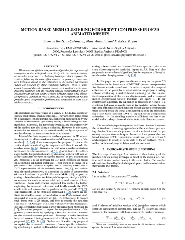Pdf Motion Based Mesh Clustering For Mcdwt Compression Of 3d Animated