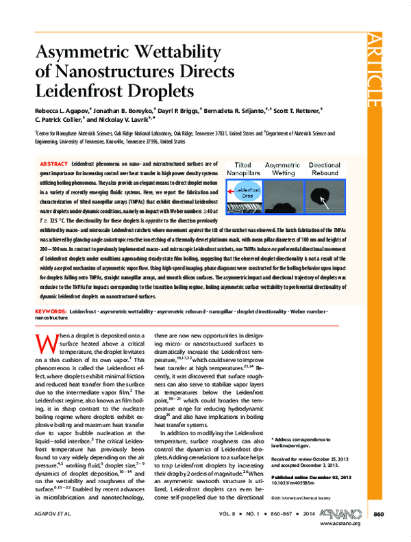 (PDF) Asymmetric Wettability of Nanostructures Directs Leidenfrost Droplets