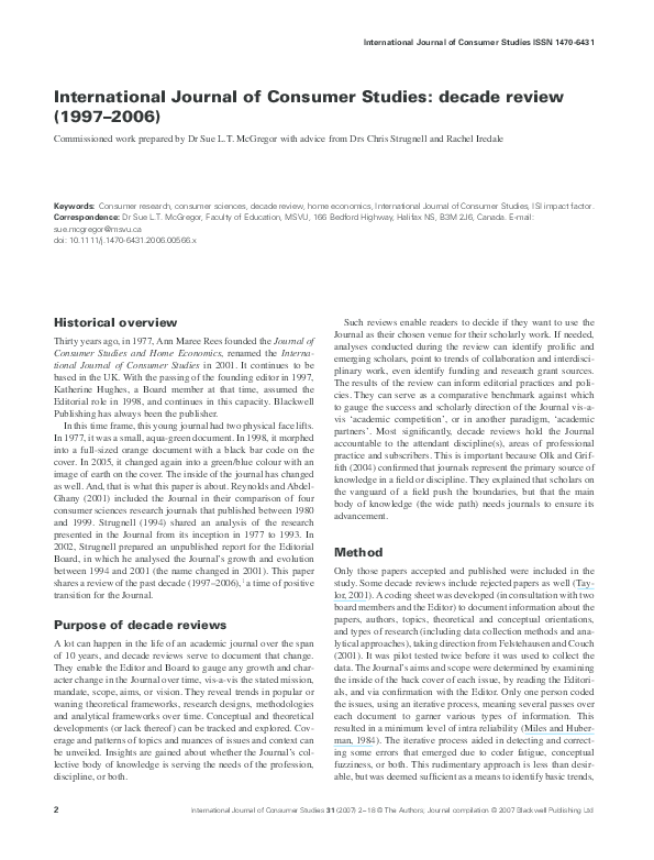 (PDF) International Journal of Consumer Studies: decade review (1997?2006)