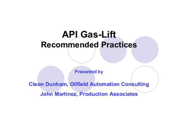 (PDF) API Gas-Lift Recommended Practices Cleon Dunham, Oilfield ...