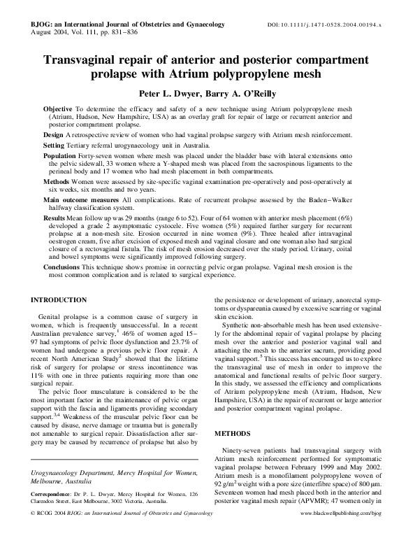 (PDF) Transvaginal repair of anterior and posterior compartment ...