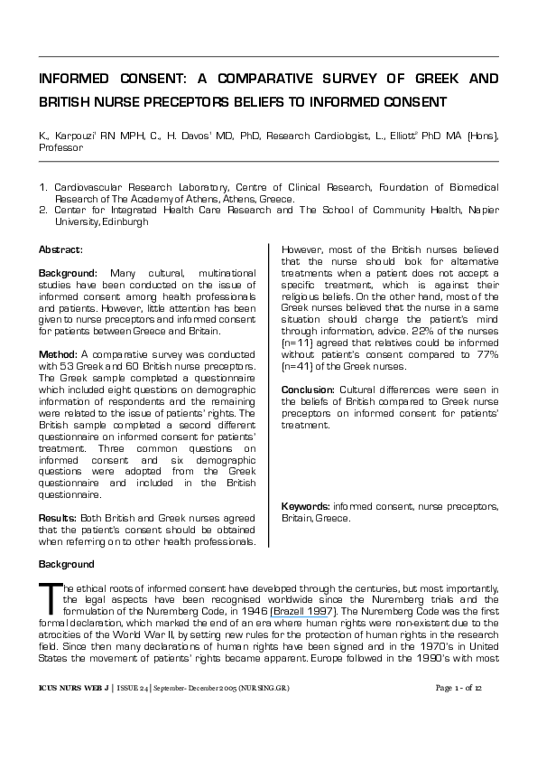 (PDF) Informed Consent: A Comparative Survey of Greek and British Nurse ...