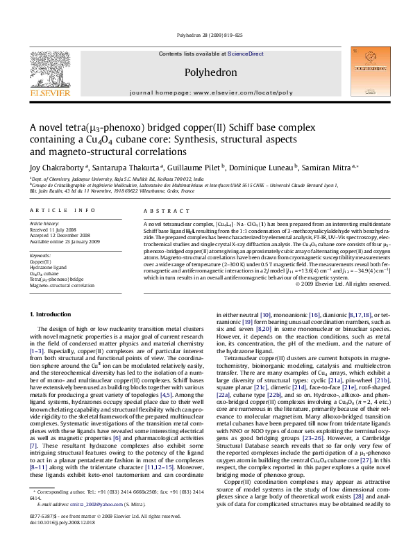(PDF) A novel tetra(μ3-phenoxo) bridged copper(II) Schiff base complex containing a Cu4O4 cubane ...