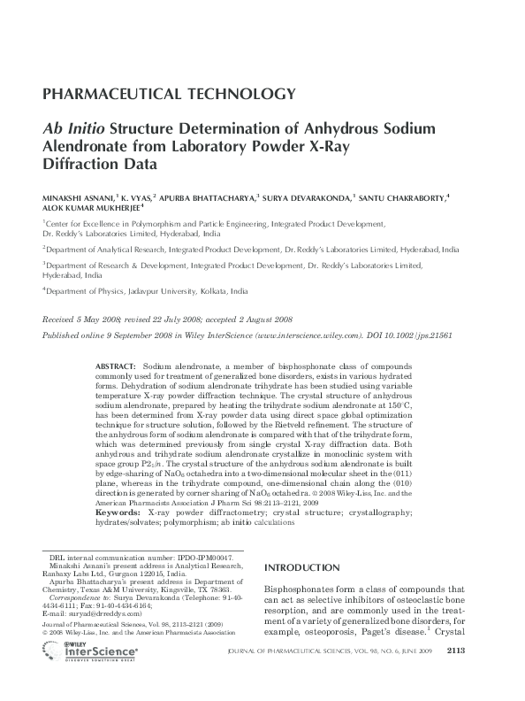 Pdf Ab Initio Structure Determination Of Anhydrous Sodium Alendronate