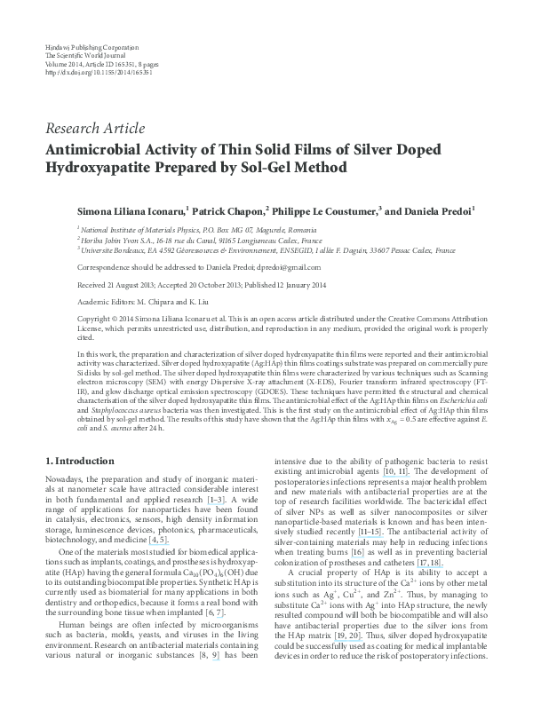 (PDF) Antimicrobial Activity of Thin Solid Films of Silver Doped Hydroxyapatite Prepared by Sol ...