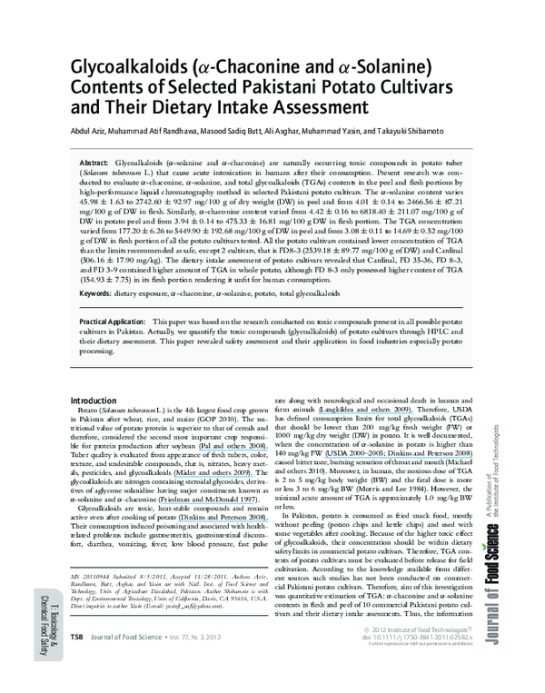 (PDF) Glycoalkaloids (α-Chaconine and α-Solanine) Contents of Selected ...