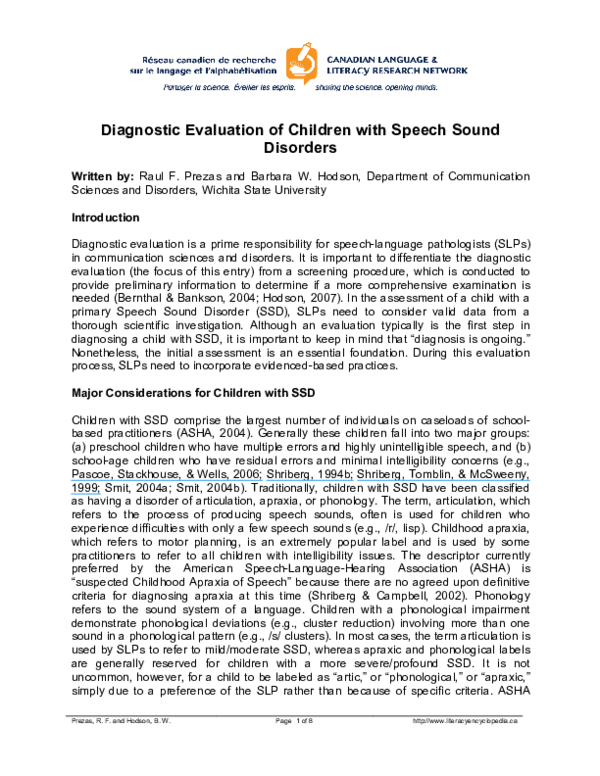 (PDF) Diagnostic Evaluation of Children with Speech Sound Disorders