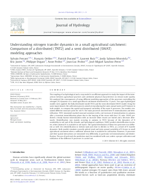 (PDF) Understanding nitrogen transfer dynamics in a small agricultural catchment: Comparison of ...