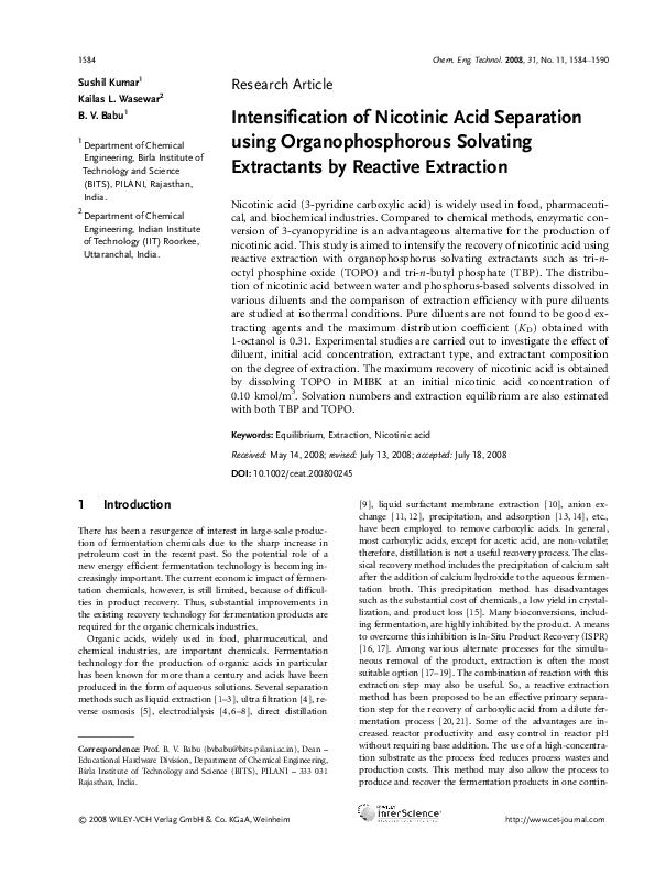 Pdf Intensification Of Nicotinic Acid Separation Using Organophosphorous Solvating Extractants
