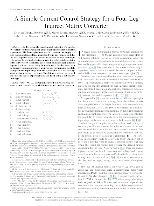Pdf A Simple Current Control Strategy For A Four Leg Indirect Matrix Converter