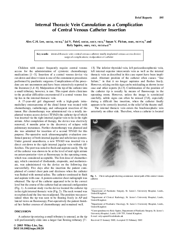(PDF) Internal thoracic vein cannulation as a complication of central ...