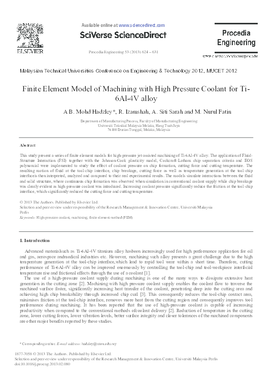 (PDF) Finite Element Model of Machining with High Pressure Coolant for Ti-6Al-4V Alloy