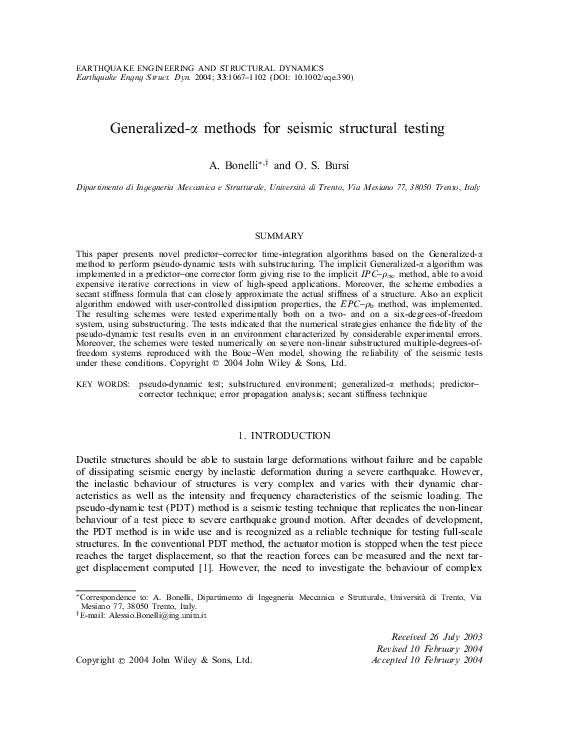 (PDF) Generalized-α methods for seismic structural testing