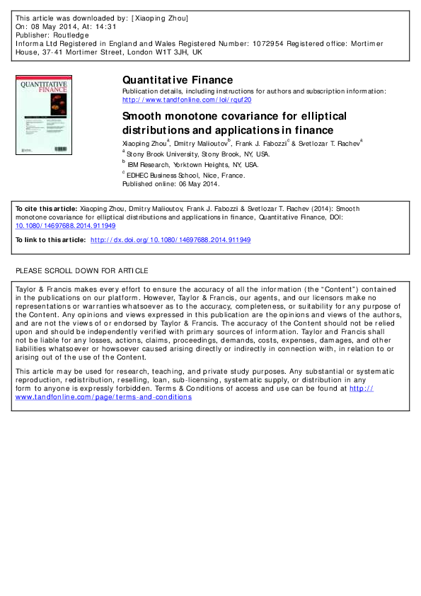 Pdf Smooth Monotone Covariance For Elliptical Distributions And Applications In Finance