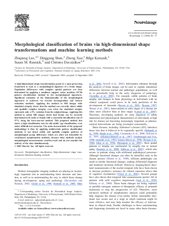 (PDF) Morphological classification of brains via high-dimensional shape transformations and ...