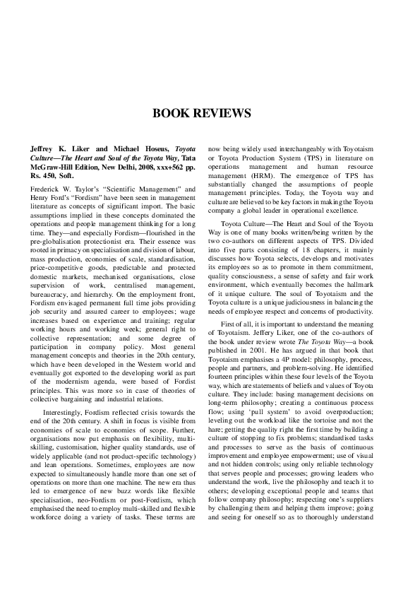 (PDF) Book Review: Toyota Culture—The Heart and Soul of the Toyota Way