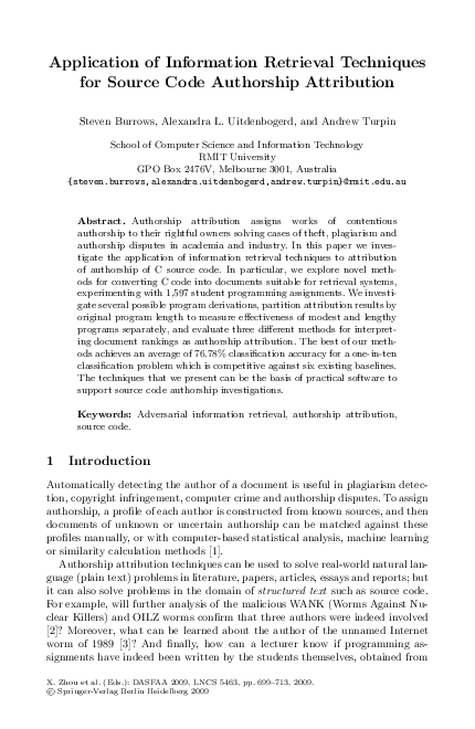 Pdf Application Of Information Retrieval Techniques For Source Code Authorship Attribution