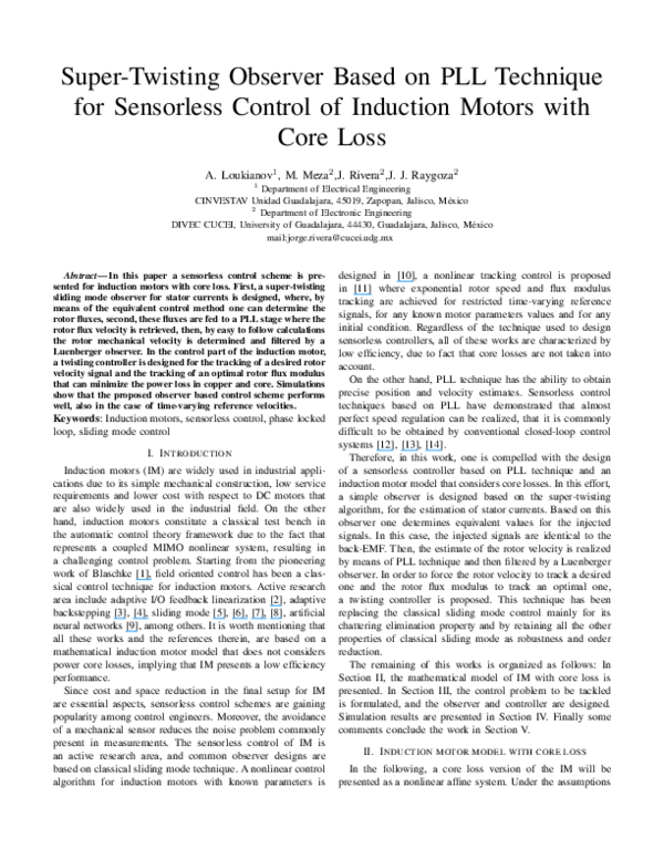 Pdf Super Twisting Observer Based On Pll Technique For Sensorless Control Of Induction Motors