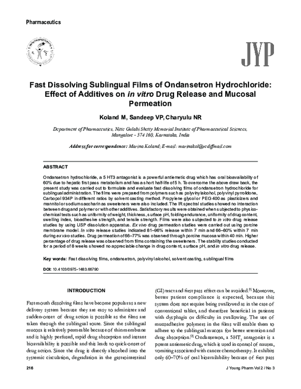 Pdf Fast Dissolving Sublingual Films Of Ondansetron Hydrochloride Effect Of Additives On In