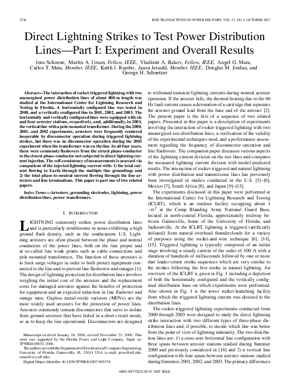 Pdf Direct Lightning Strikes To Test Power Distribution Lines—part I Experiment And Overall