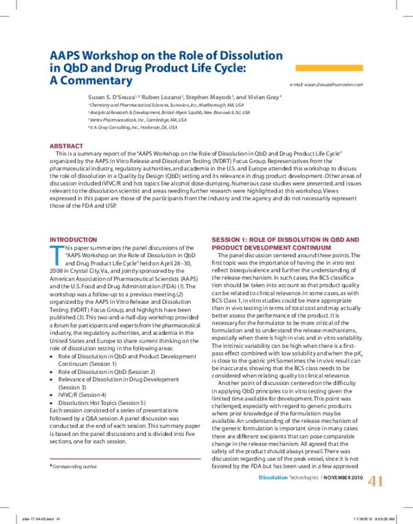 (PDF) AAPS Workshop on the Role of Dissolution in QbD and Drug Product Life Cycle: A Commentary