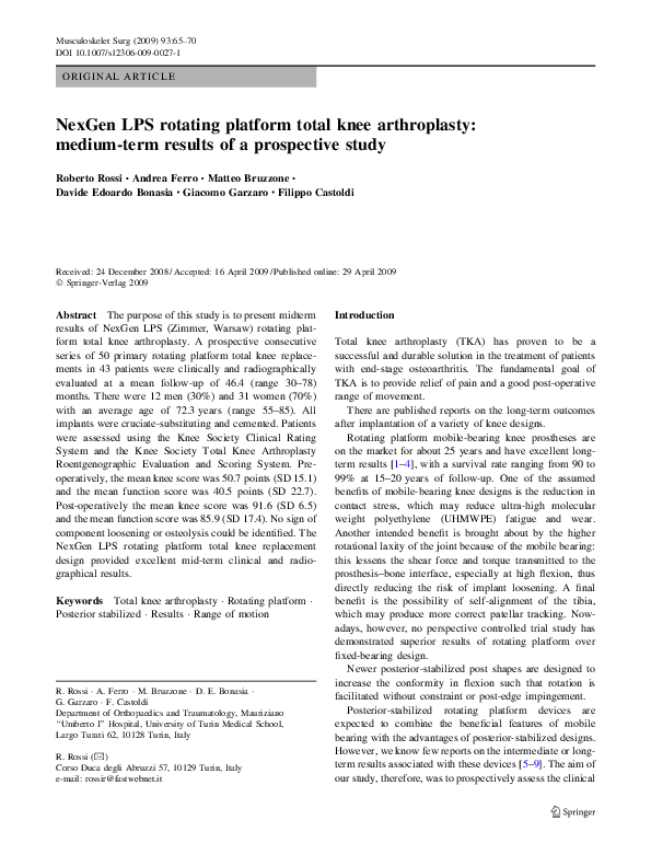 (PDF) NexGen LPS rotating platform total knee arthroplasty: medium-term ...