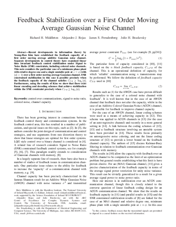 (PDF) Feedback Stabilization Over a First Order Moving Average Gaussian Noise Channel