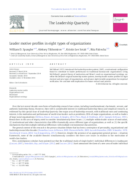 (PDF) Leader motive profiles in eight types of organizations