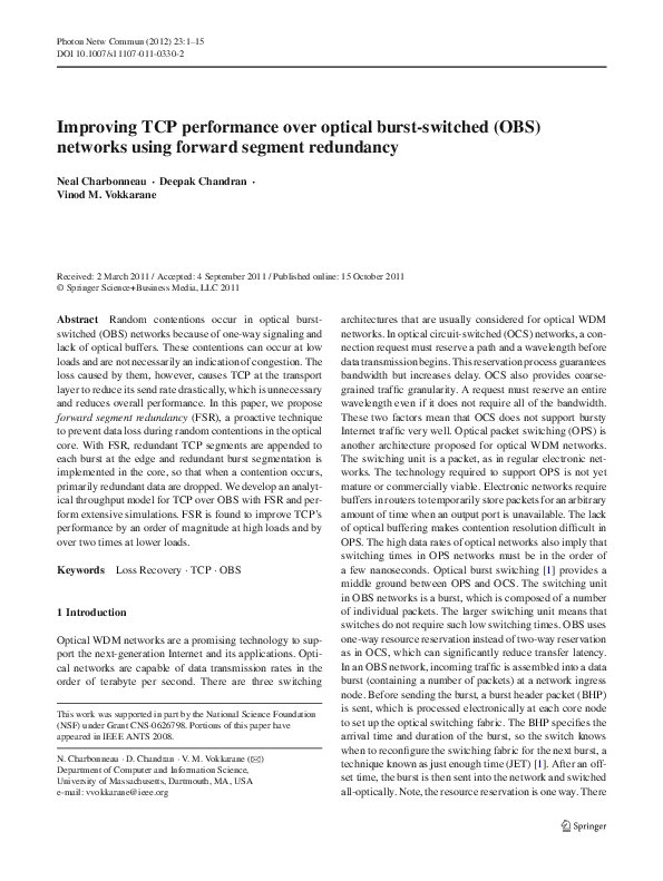 Pdf Improving Tcp Performance Over Optical Burst Switched Obs