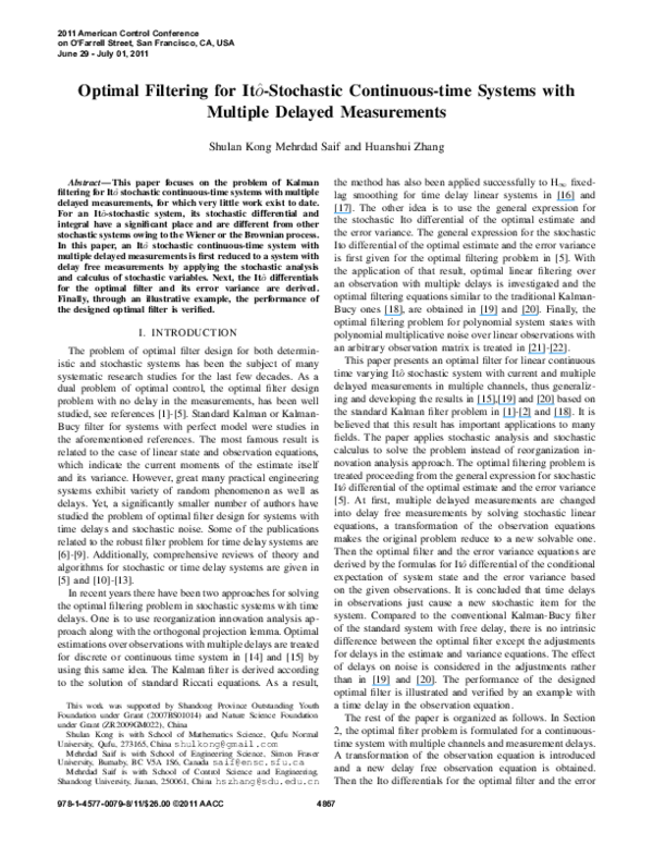Pdf Optimal Filtering For Itô Stochastic Continuous Time Systems With Multiple Delayed