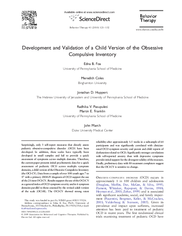 (PDF) Development and Validation of a Child Version of the Obsessive Compulsive Inventory