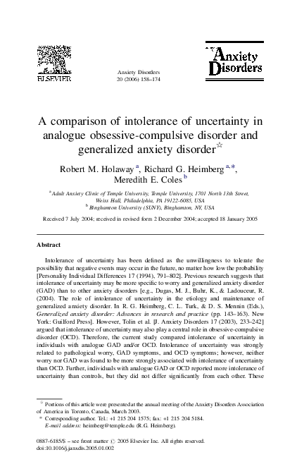 (PDF) A comparison of intolerance of uncertainty in analogue obsessive ...